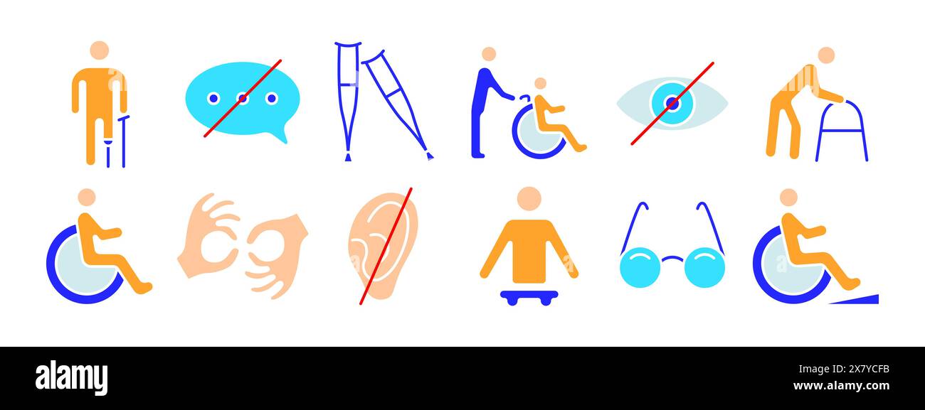 Disability set icon. Crutches, speech bubble, wheelchair, helper ...