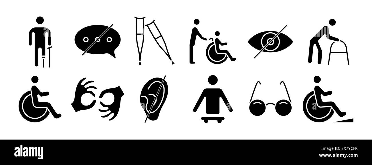 Disability set icon. Crutches, speech bubble, wheelchair, helper ...
