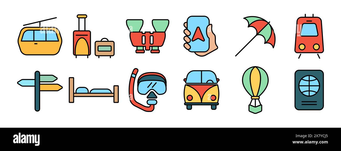 Travel set icon. Cable car, luggage, binoculars, smartphone, beach ...