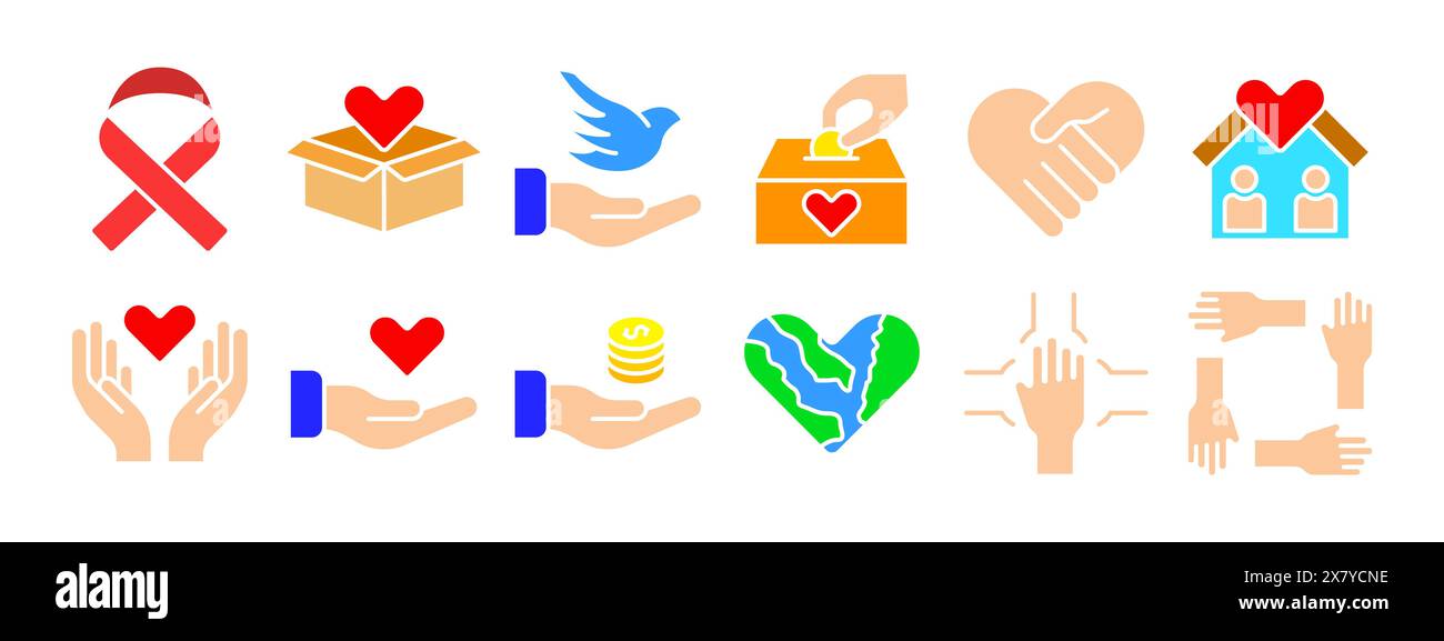 Charity set icon. Ribbon, donation box, peace dove, hands holding heart ...
