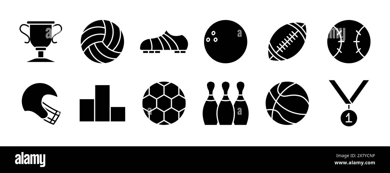 Sports set icon. Trophy, volleyball, soccer cleat, bowling ball ...