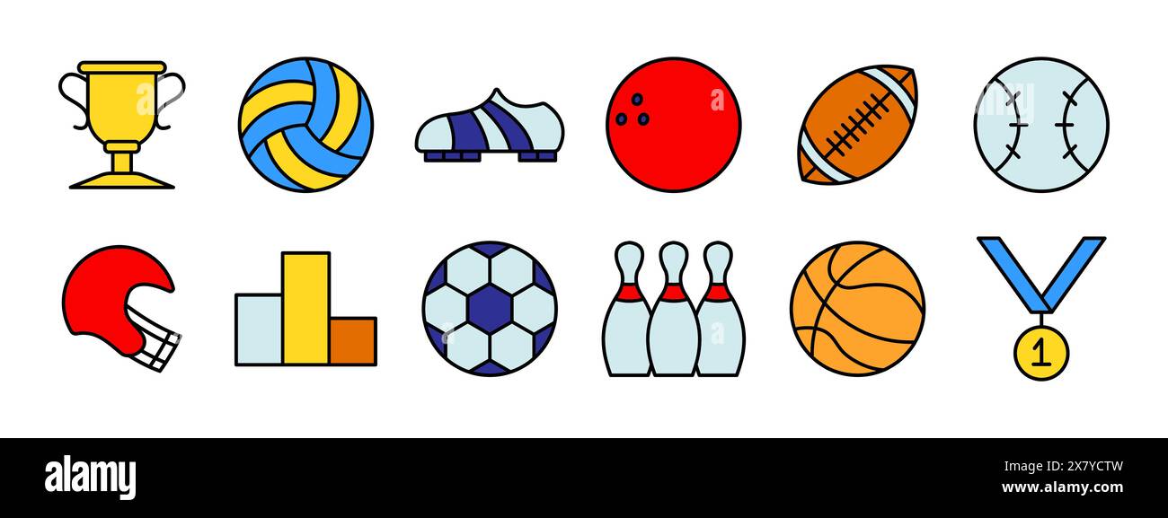 Sports set icon. Trophy, volleyball, soccer cleat, bowling ball ...