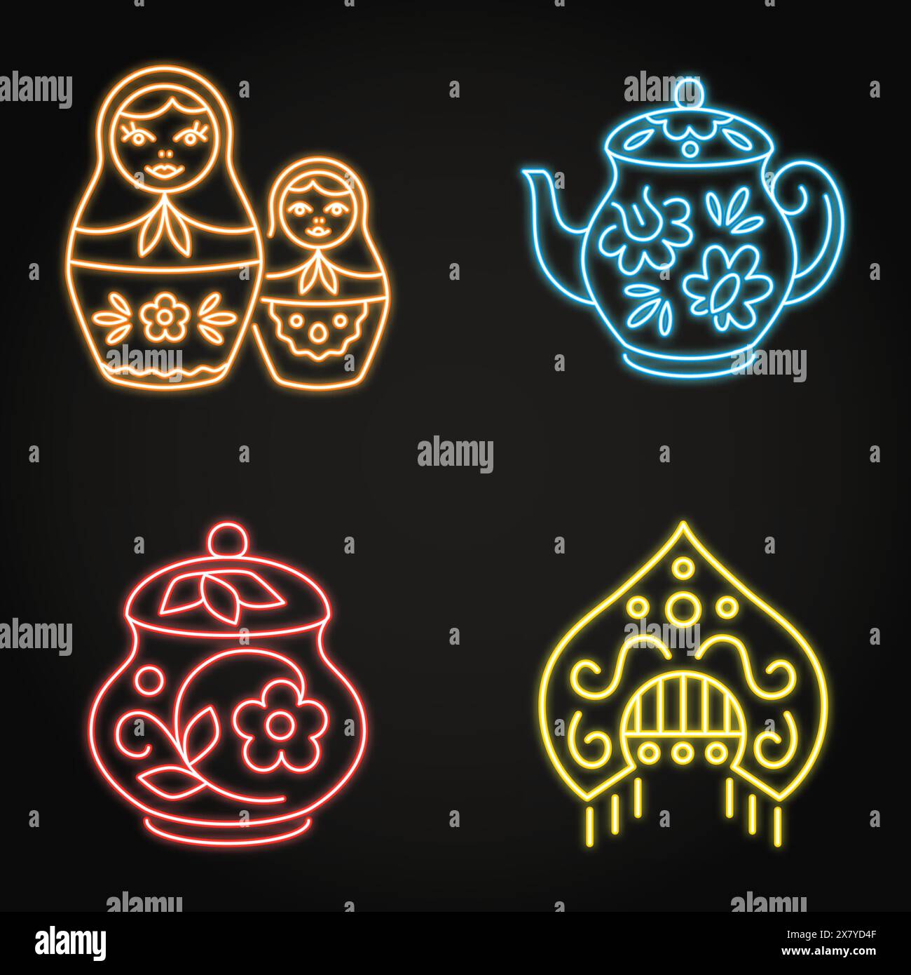 Russian folk crafts neon icon set. Matryoshka doll, Gzhel teapot ...