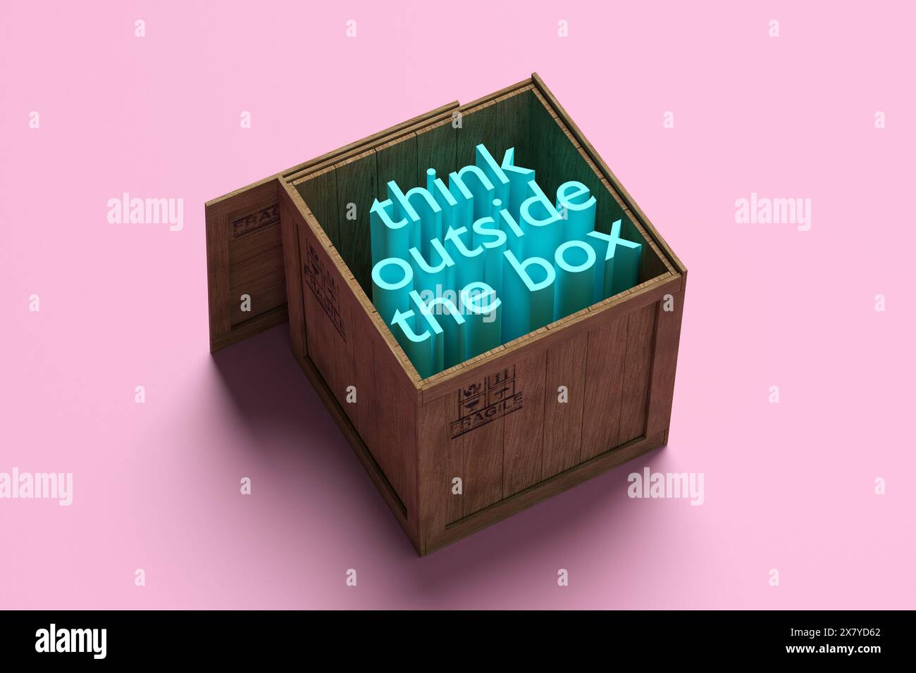The phrase think outside the box in a wooden crate. Creative and ...