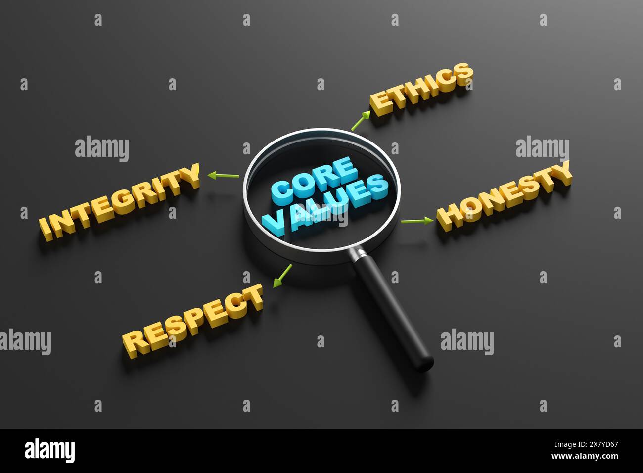 Business core values concept. Magnifier focuses on the core values of ...