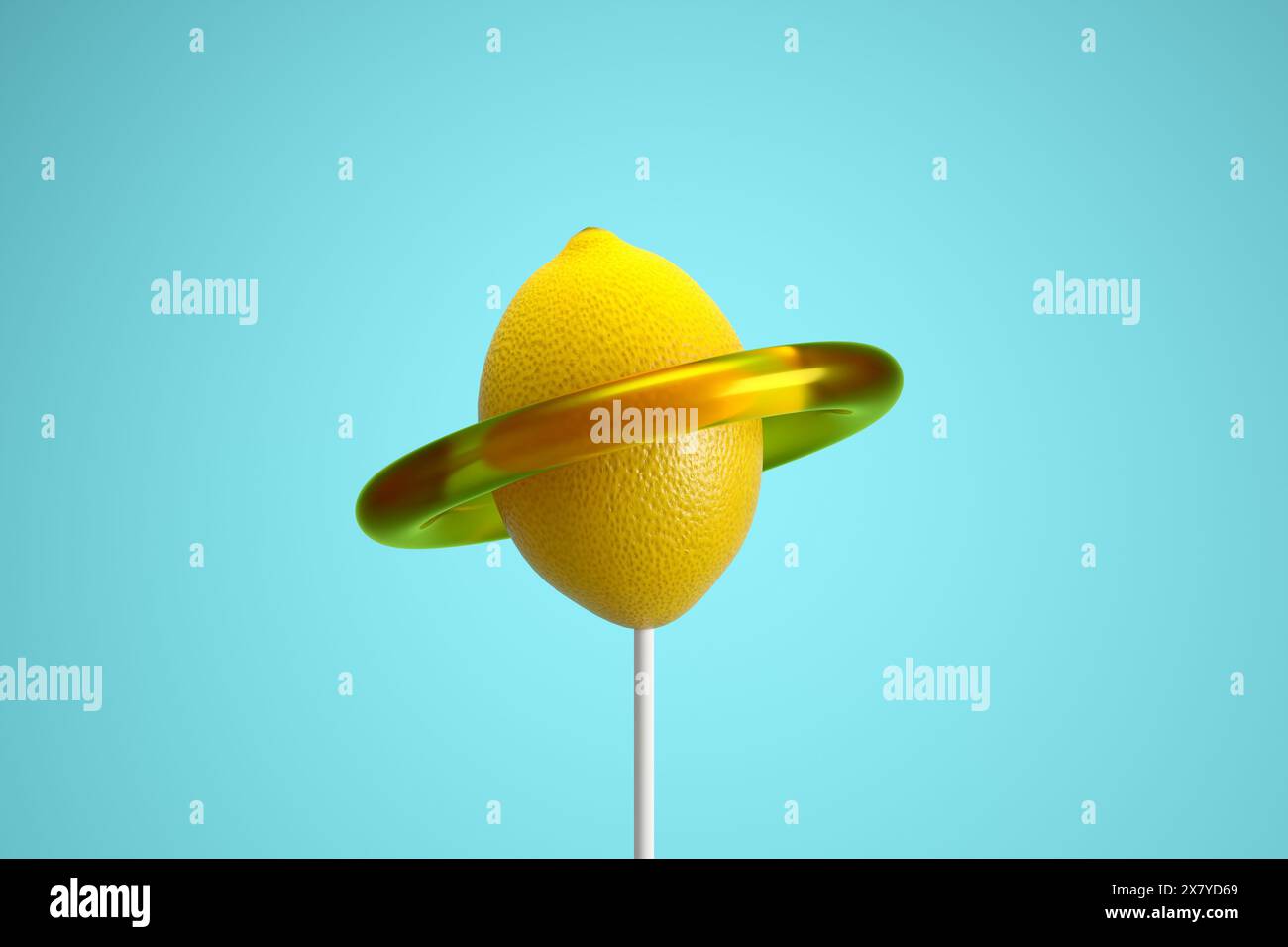 Yellow lemon planet with orbit on blue background. Minimal abstract ...