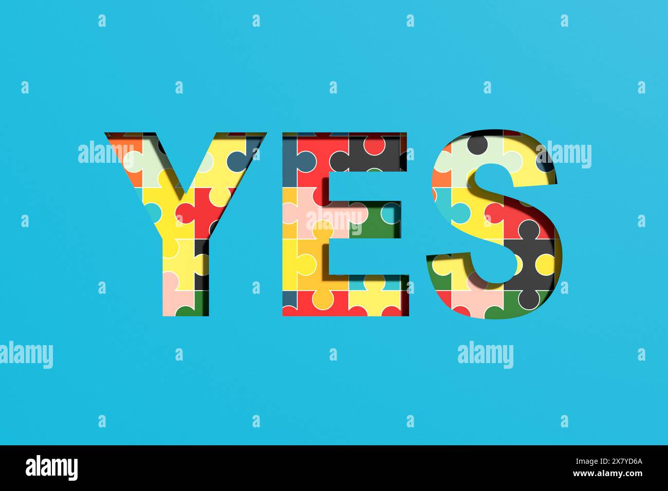 The word yes in colorful puzzle texture design on blue background. 3D ...