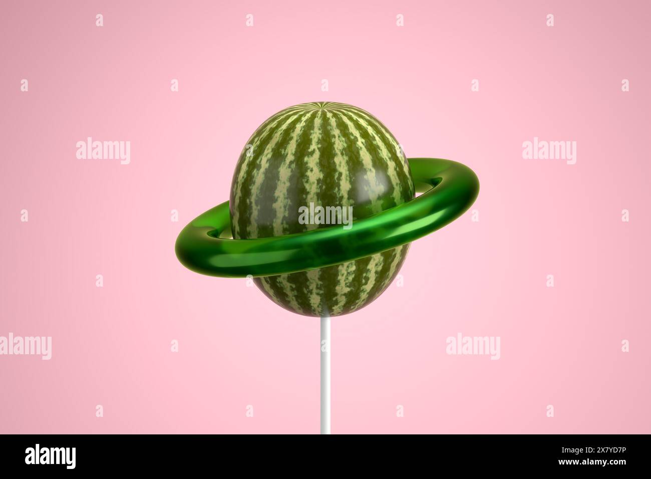 Watermelon fruit planet with orbit on pink background. Minimal abstract ...