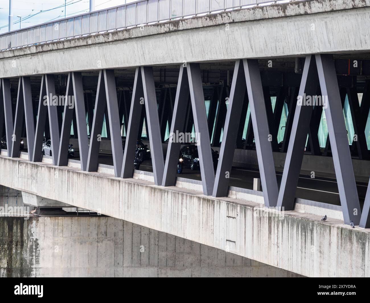 An urban bridge in Basel, Switzerland, with V-shaped trusses supporting ...