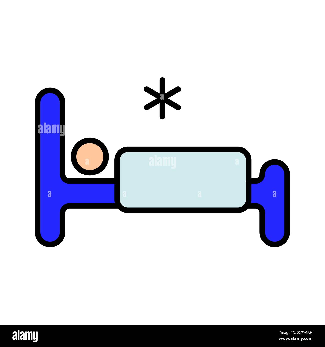 Illness set icon. Patient in bed, pillow, star symbol, indicating ...