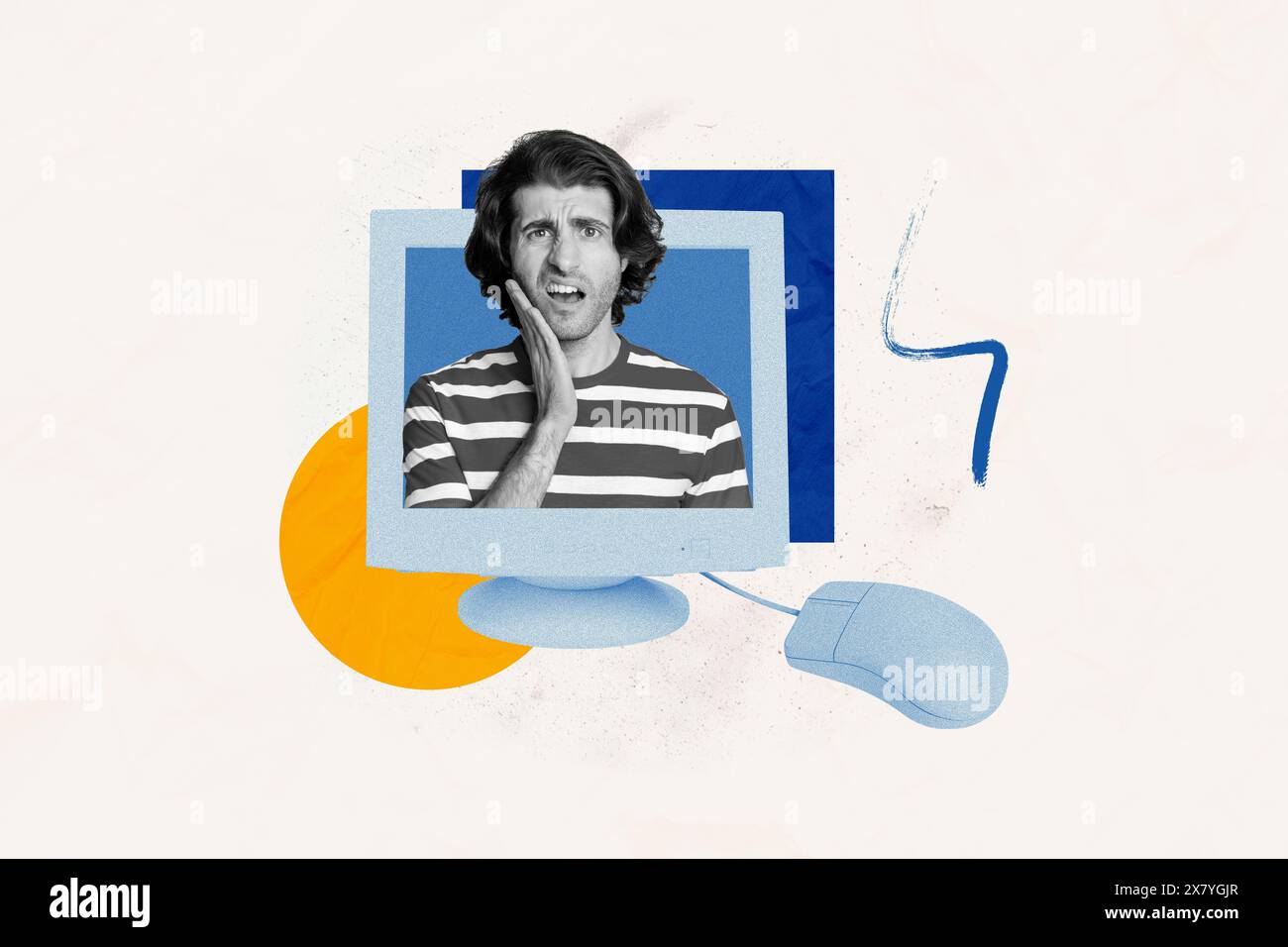 Composite artwork collage of blue color old computer monitor retro ...