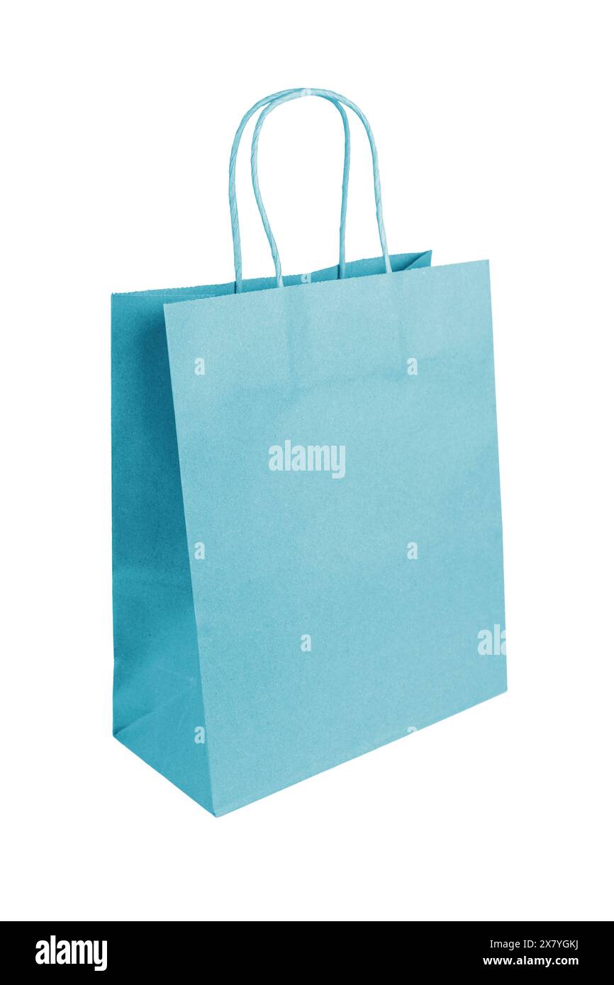 Blank blue craft paper bag for food packaging isolated on white ...