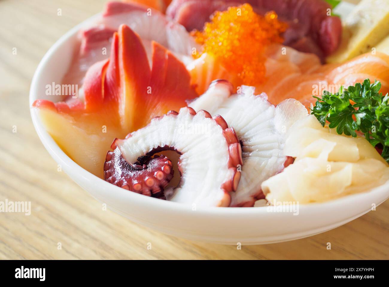 Sashimi Rice Bowl Chirashi Don Japanese food on wood table in ...