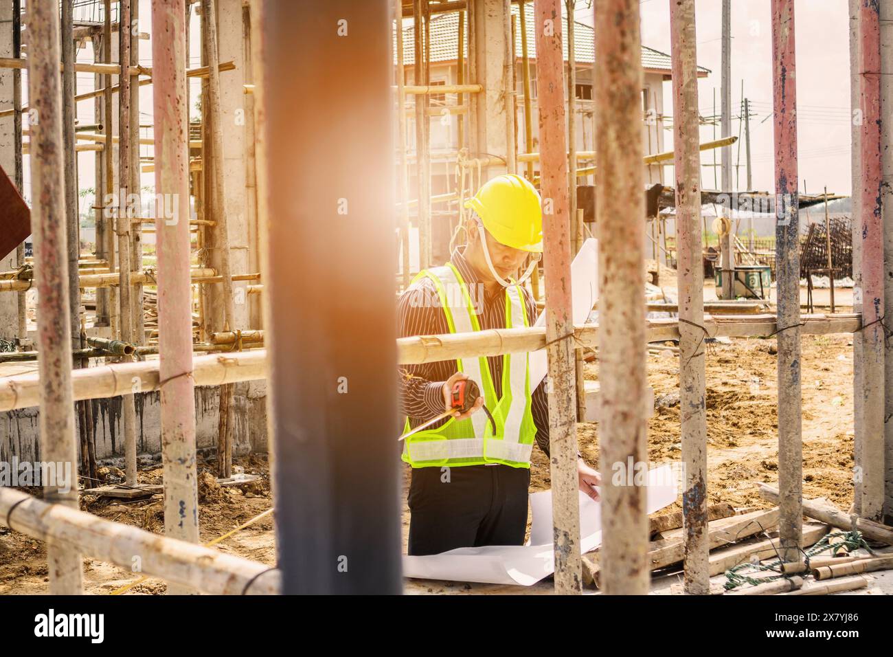 Asian business man construction engineer worker in protective helmet ...