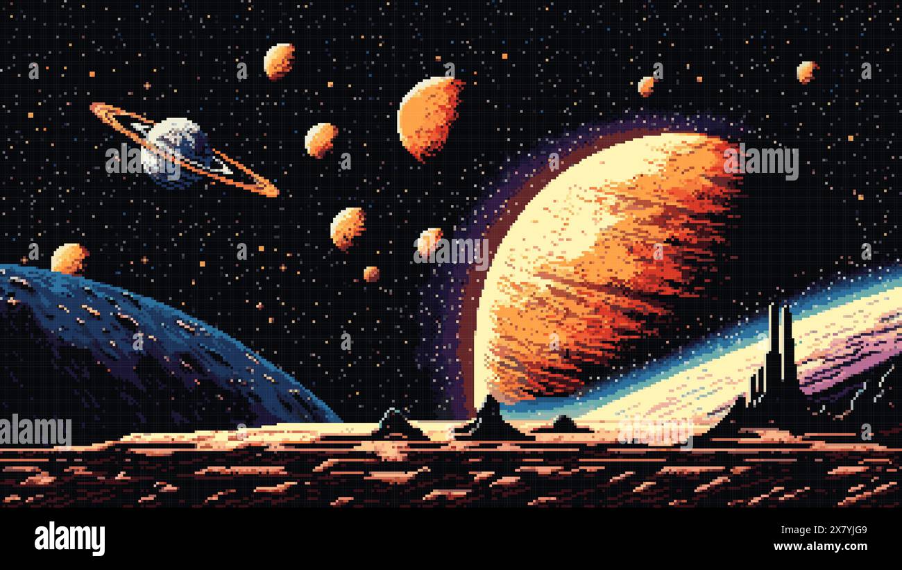 Generative ai galaxy stars and planets in solar system landscape. 8Bit ...