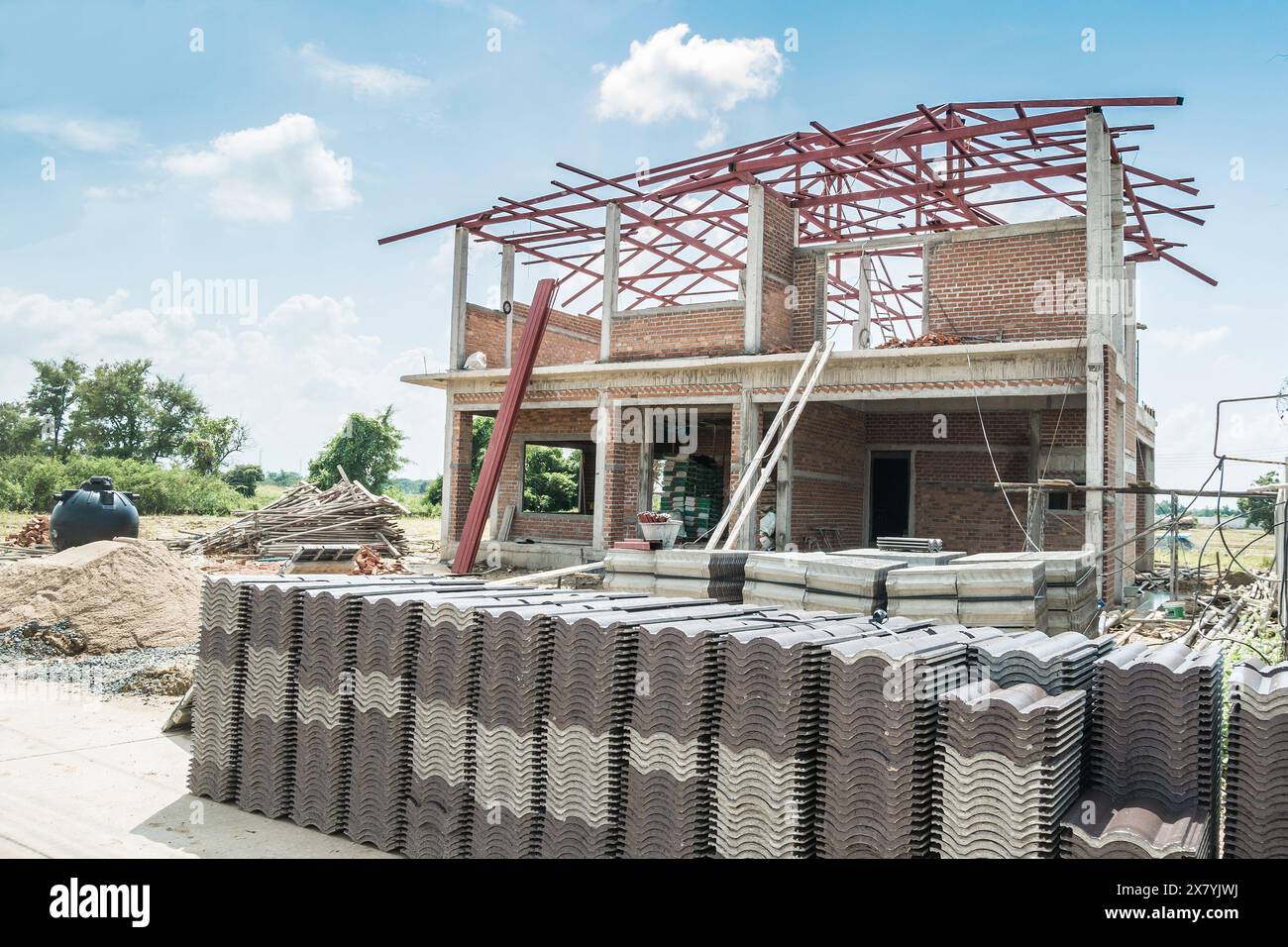 stack of roof tiles for building new house at construction site Stock ...