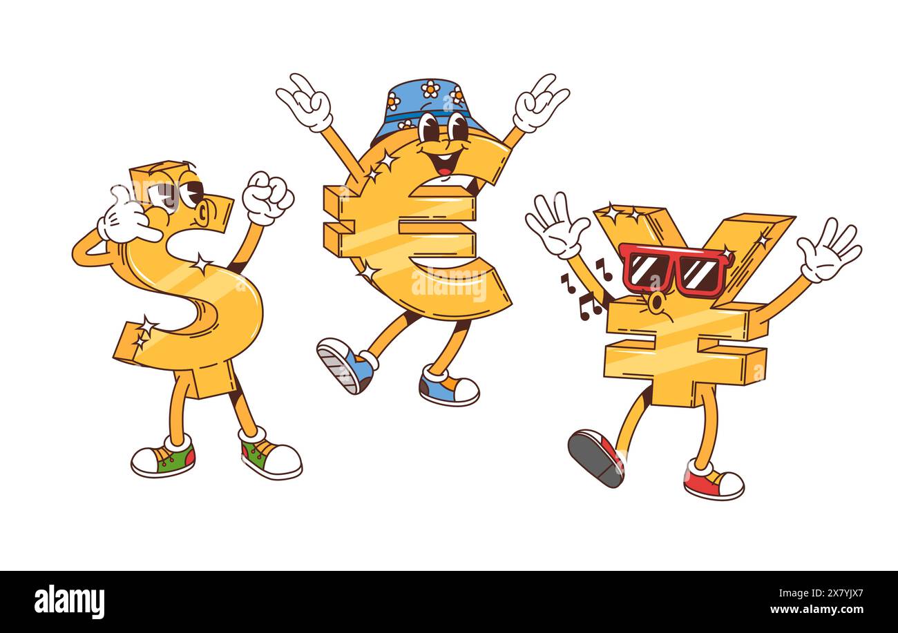 Retro groovy dollar, euro and yen sign characters. Isolated cartoon ...