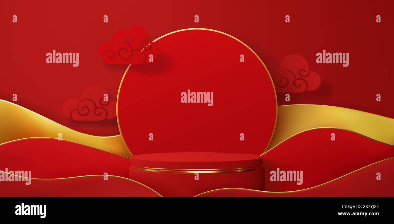 3d Chinese red podium stage with golden waves and clouds. Realistic 3d ...