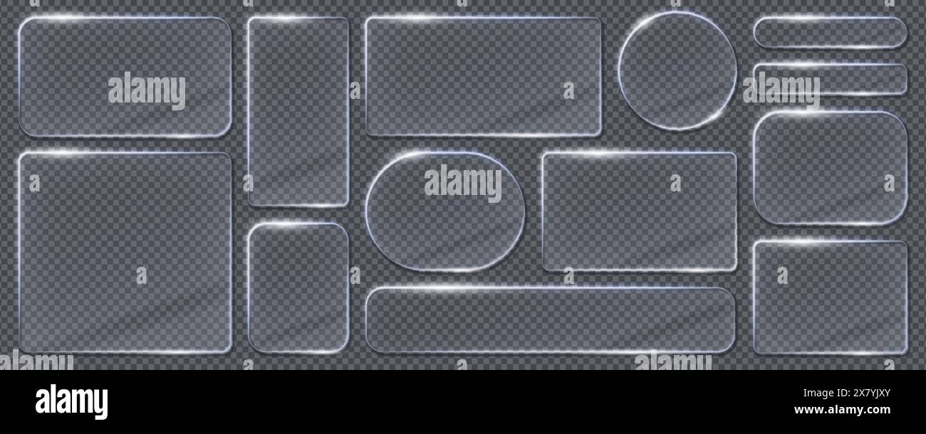 Glass light frames and borders. Realistic 3 vector transparent glass or ...