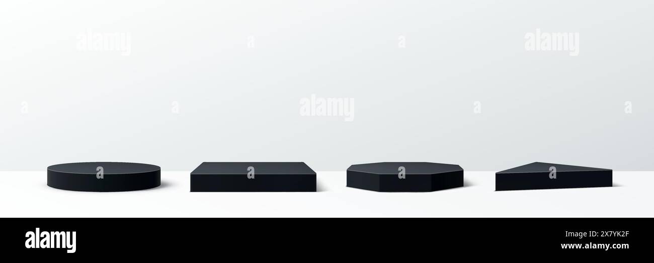 Black base podium. Realistic 3d vector geometric platforms of round ...