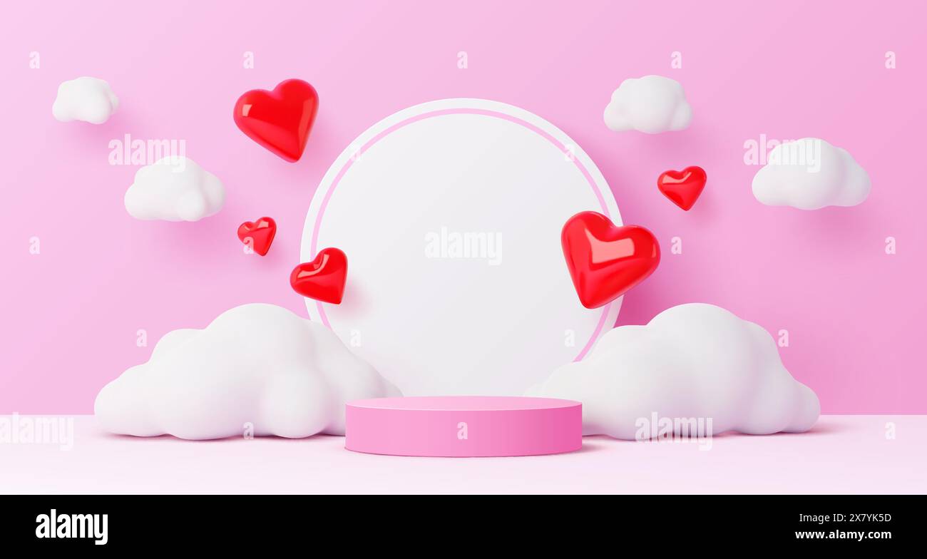 Kids podium stage with red love hearts and clouds. Realistic 3d vector ...