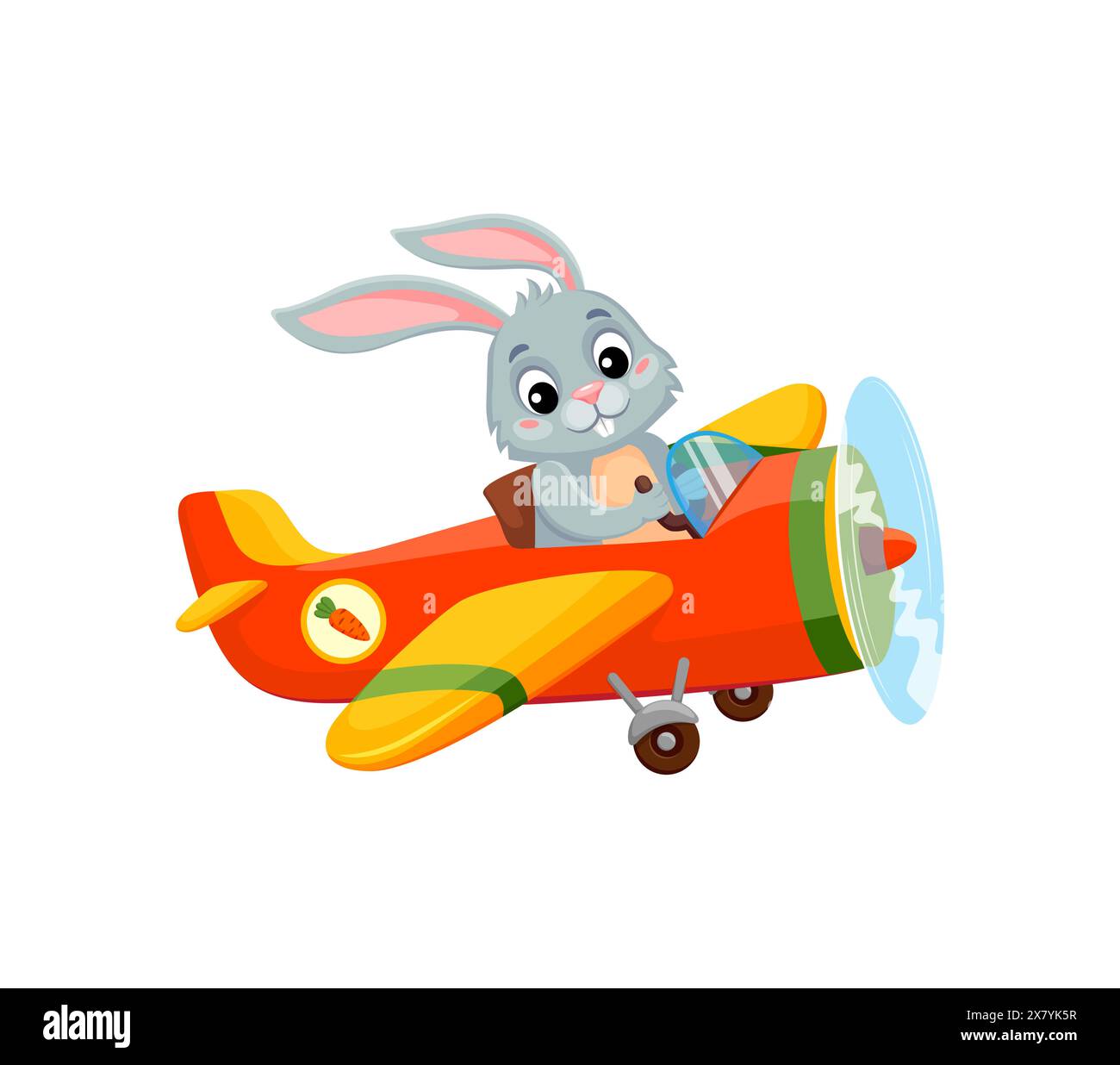 Cartoon bunny animal on plane. Isolated vector grey baby rabbit pilot ...