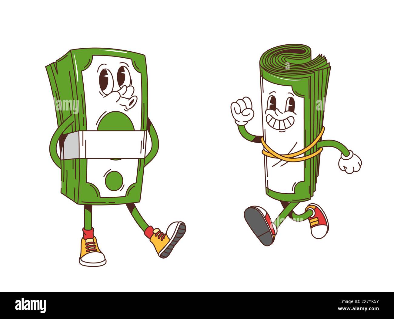 Retro groovy rolled banknotes characters. Vector money bill personages ...