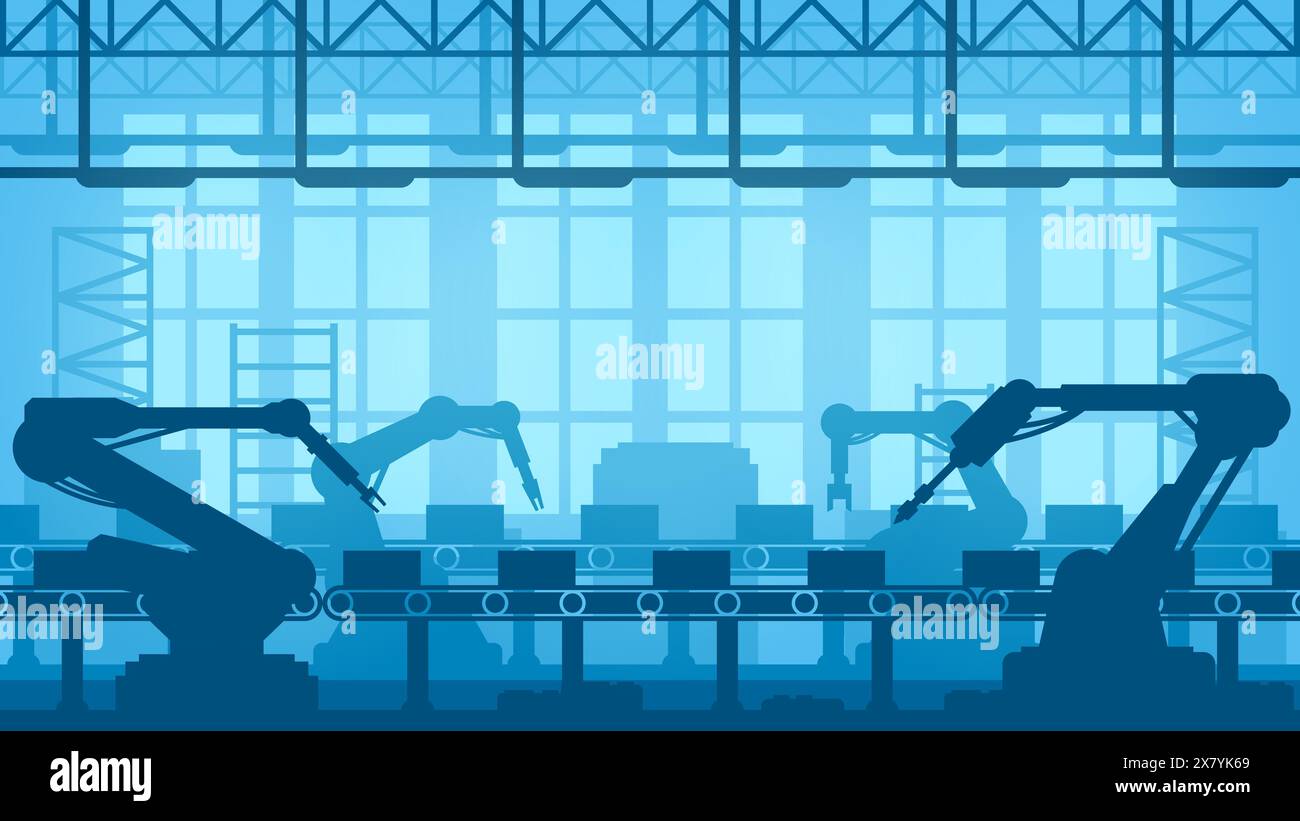 Factory conveyor line with robots, technology industry and production machines, vector ...