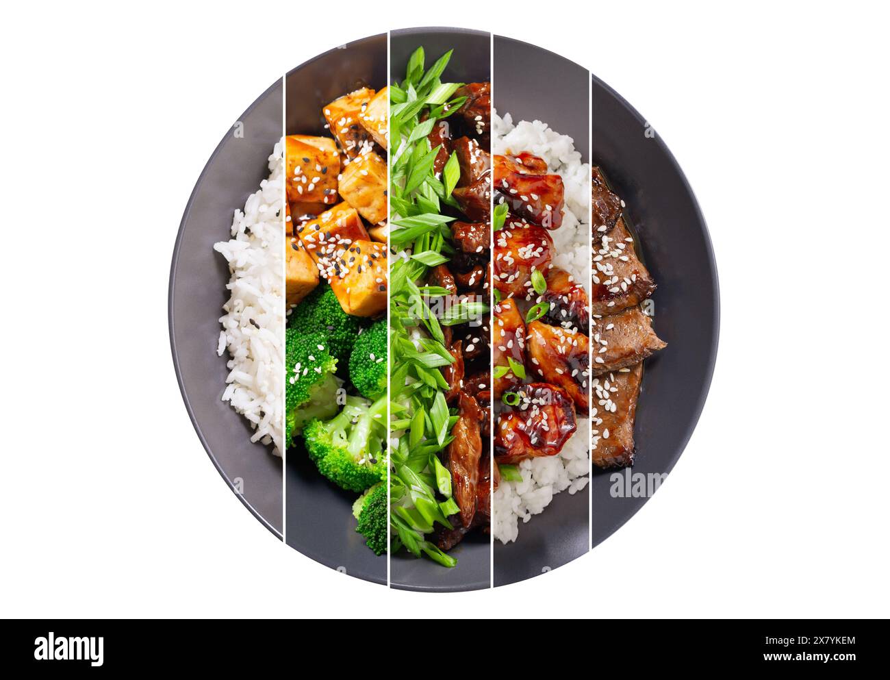 food collage of various asian meals in a plate isolated on white ...