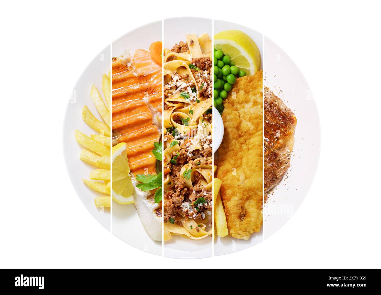 food collage of various meals in a plate isolated on white background ...