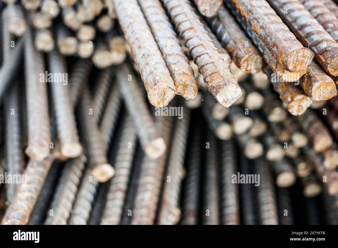 Deformed steel bars for reinforce concrete, metal texture close up ...