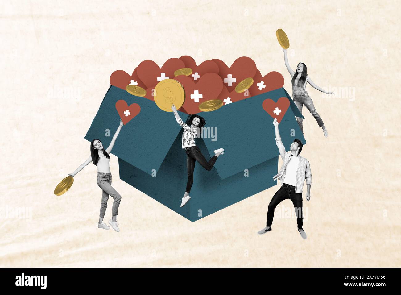 Composite collage of beige color background donation charity man lady ...