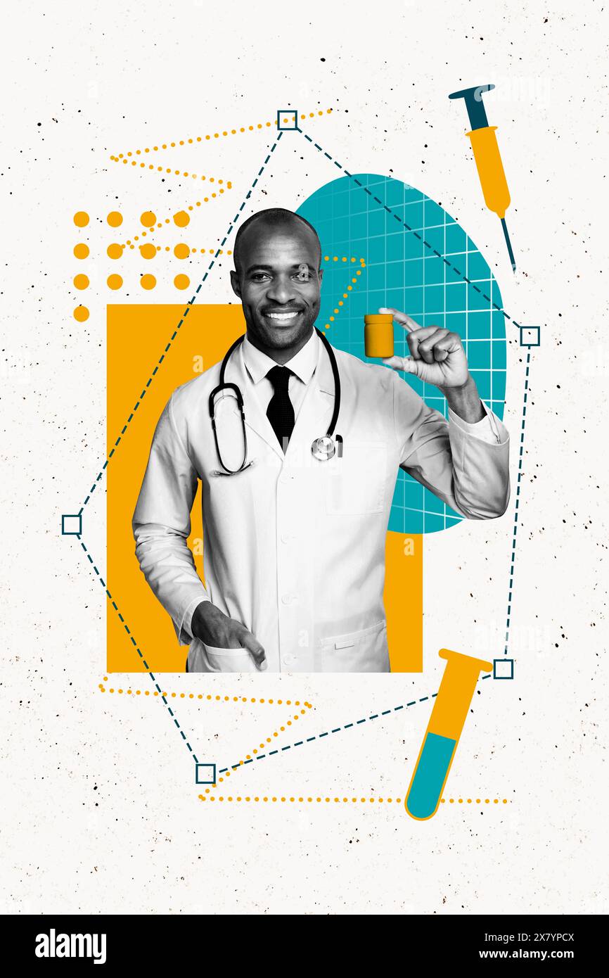 Vertical collage image young smiling doctor pharmacy consultation pills ...