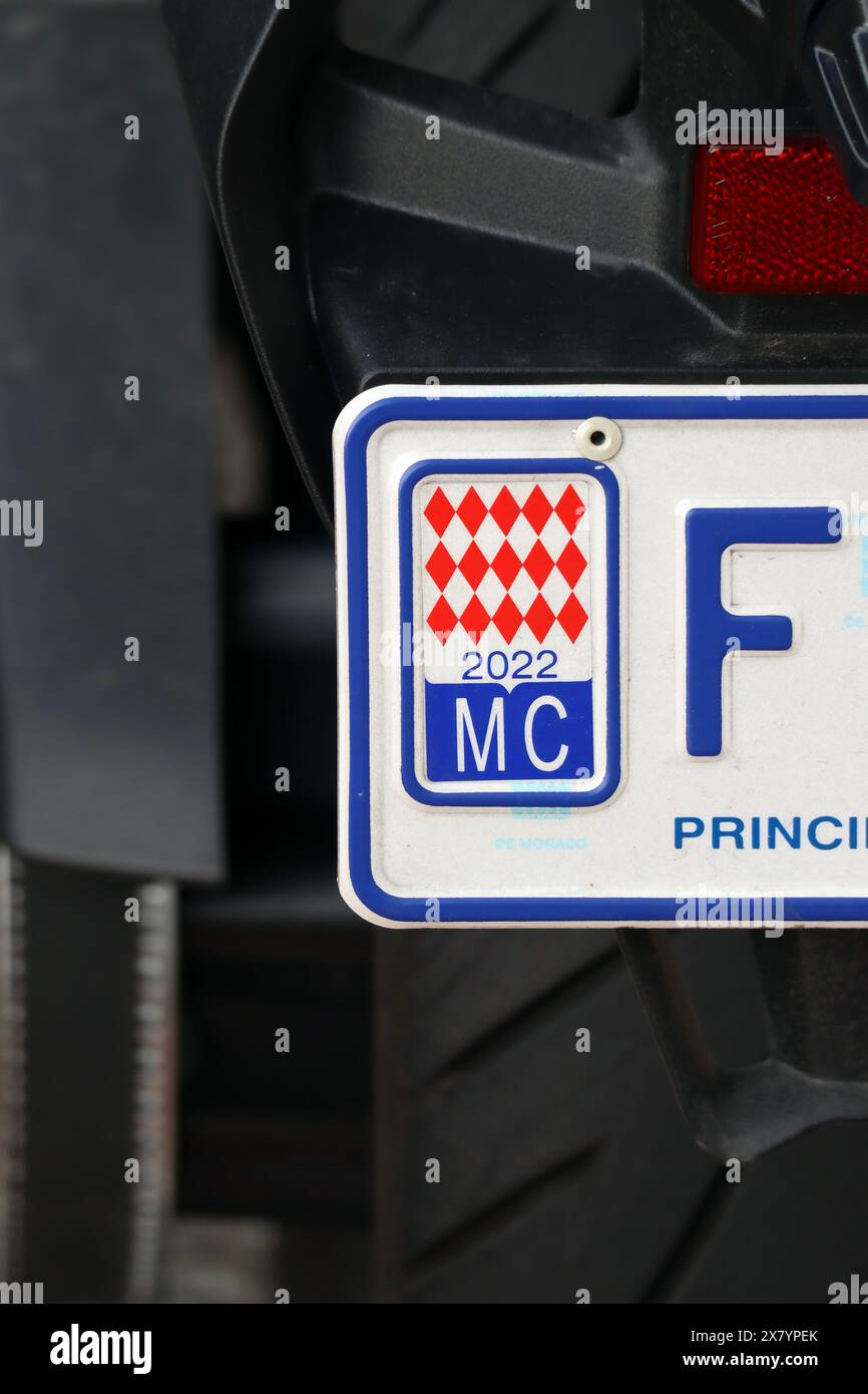 Monaco, Monaco - 02.10.2022: Fragment of a motorcycle license plate in ...