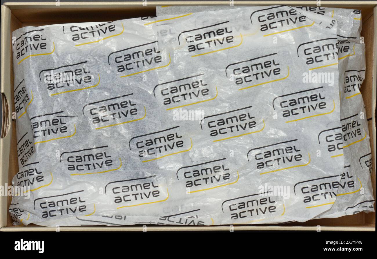 Camel Active shoes box packaging top view details Stock Photo - Alamy