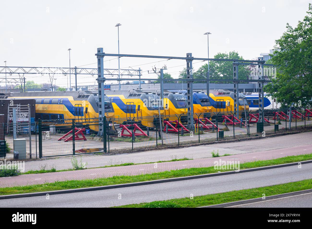 Shunting yard with several railcars of the Dutch Railways at Maastricht ...