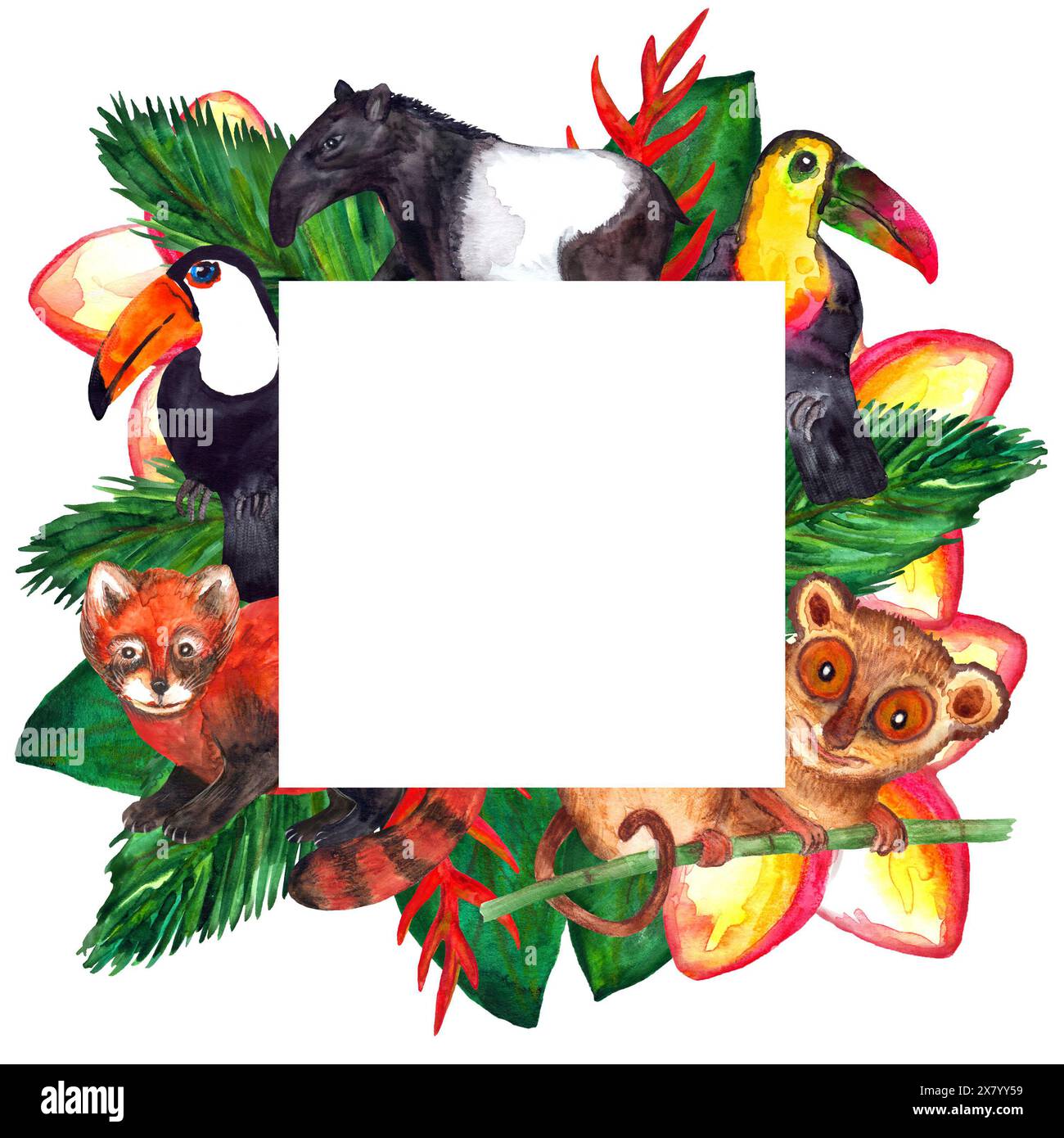 Cute watercolor tropical animals and plants - children's square frame ...
