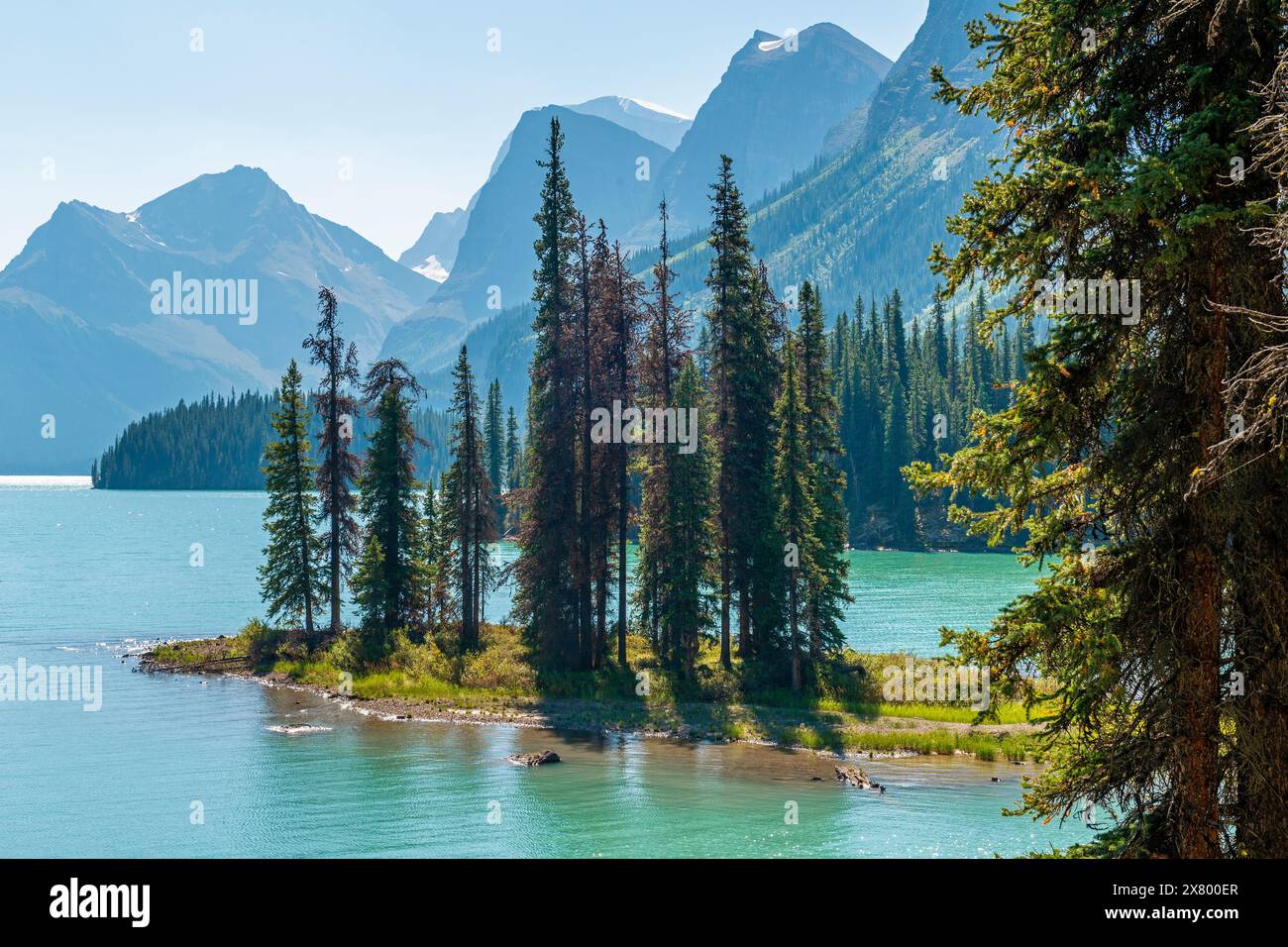 Spirit Island close up in summer and Maligne Lake, Jasper national park ...