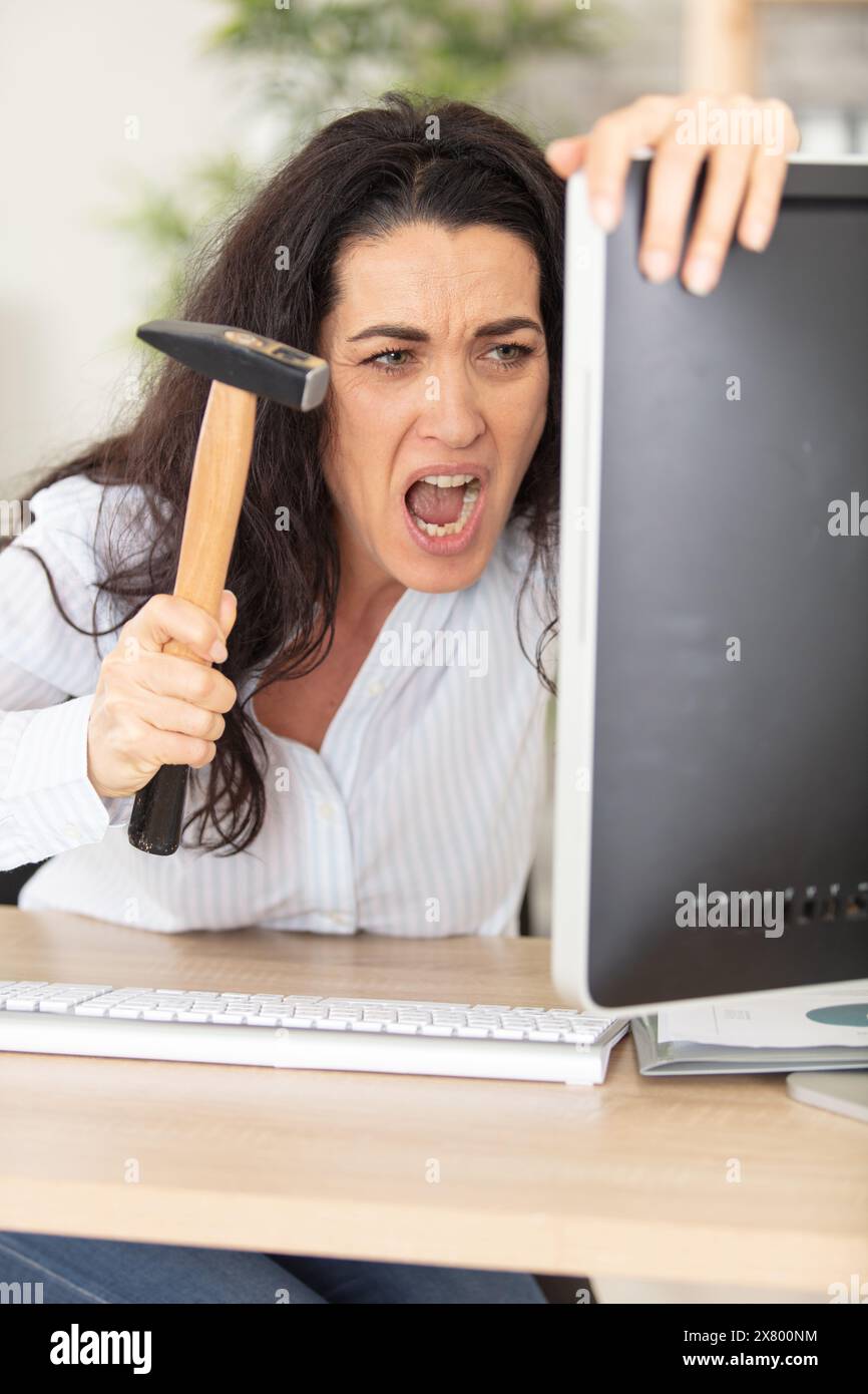 furious young woman about to break her laptop at workplace Stock Photo ...