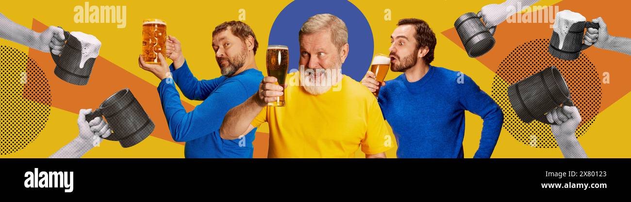 Creative colorful collage. Men drinking delicious beer against abstract ...
