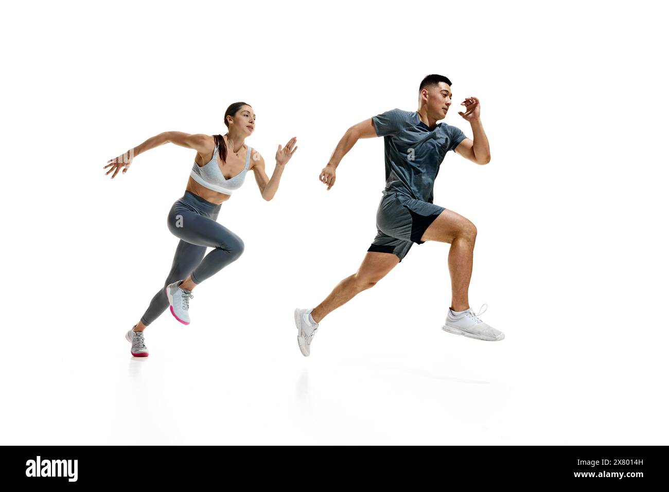 Side view dynamic photo of woman and man in mid-run, demonstrating ...