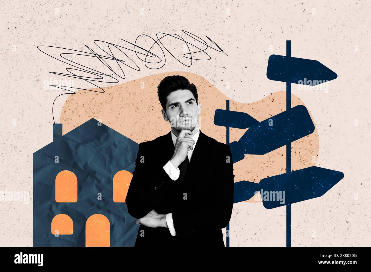 Composite photo collage of serious man hesitate confused way pointer ...