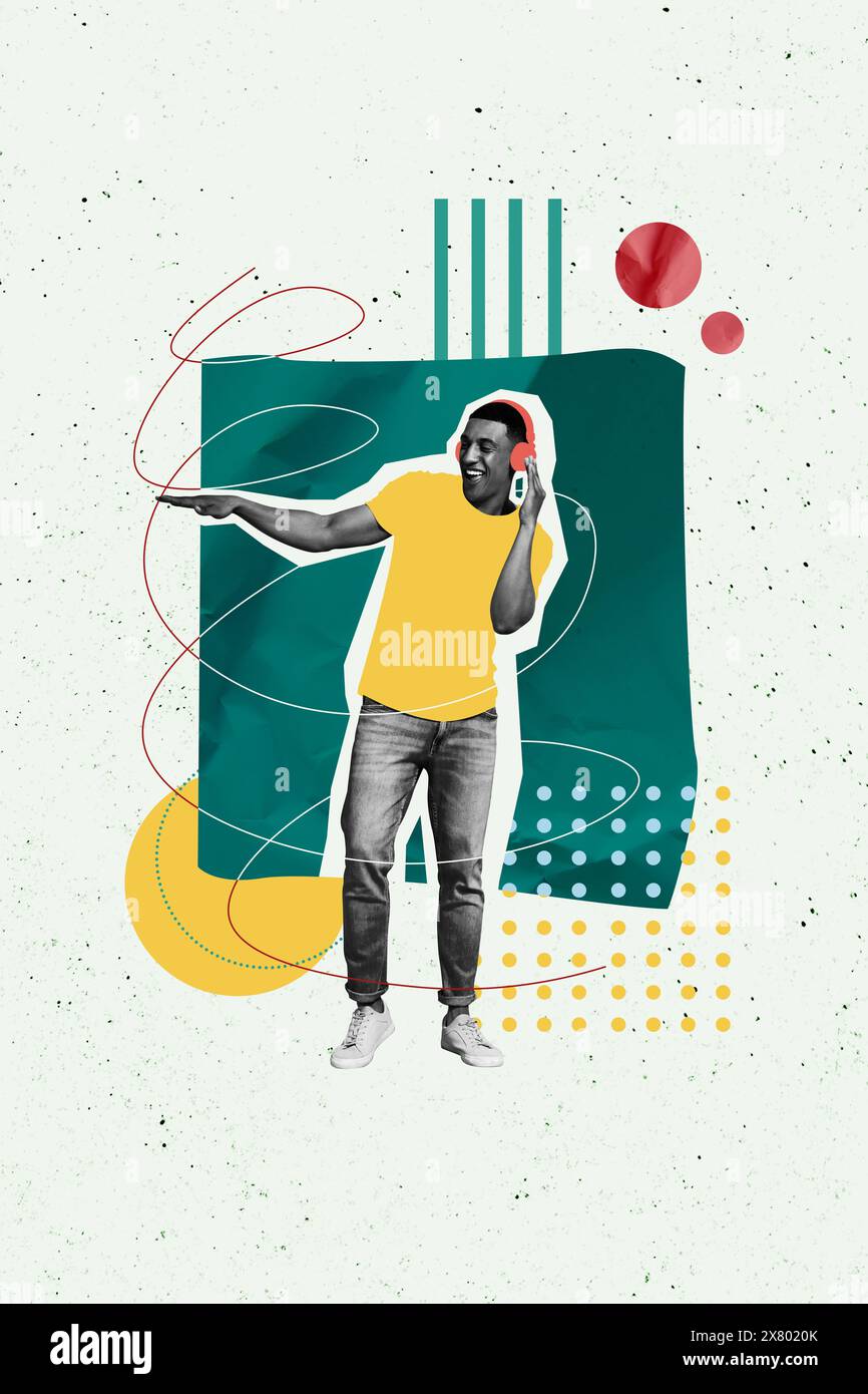 Vertical collage picture young dj man clubber disco headphones music ...