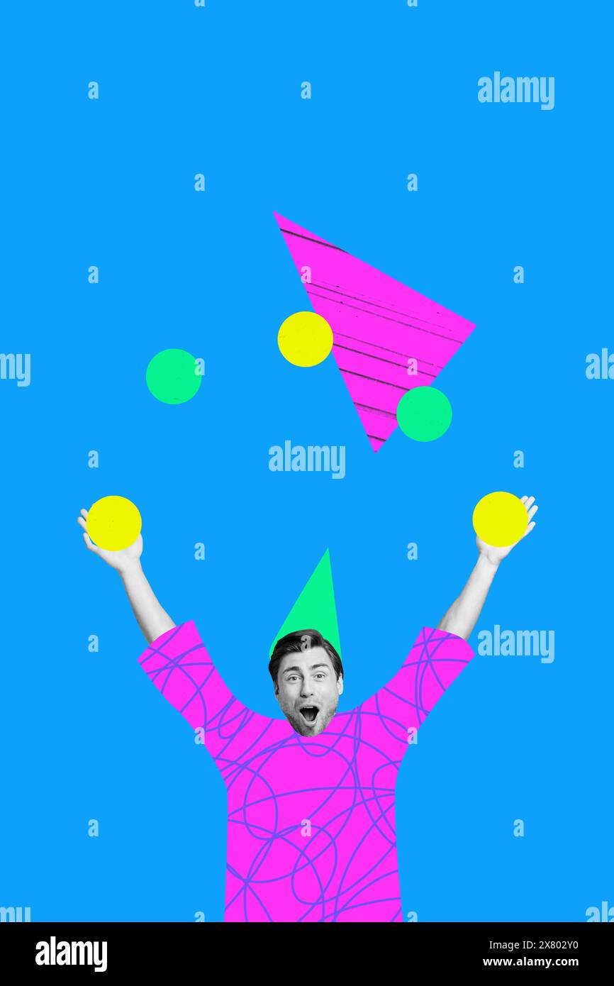 Vertical picture collage young man screaming juggling showing trick ...