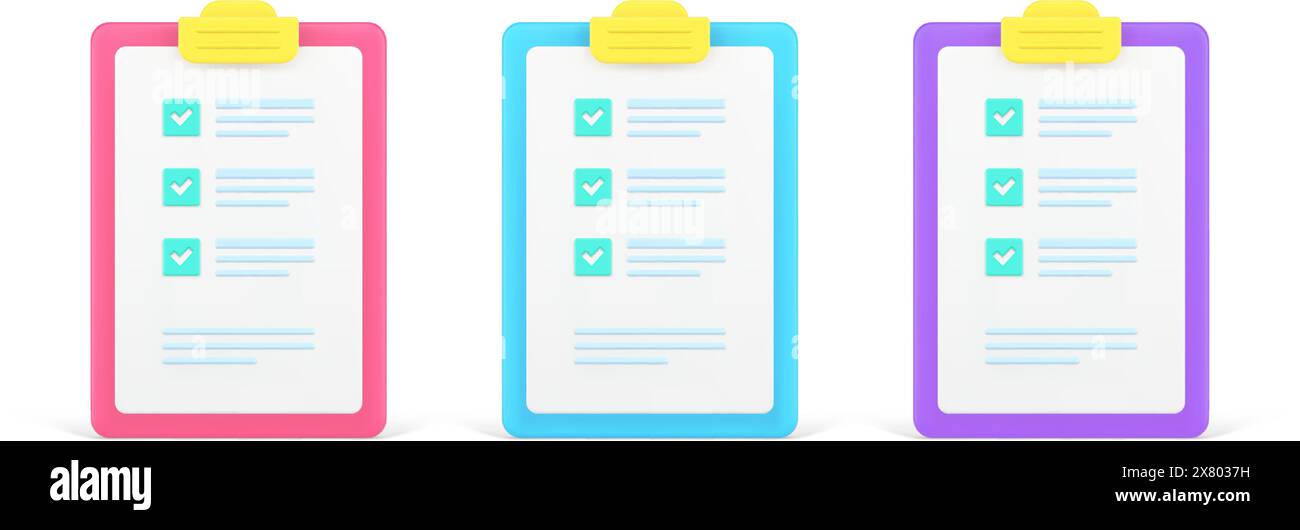Collection multicolored clipboard paper document check to do list with checkmarks 3d icon ...