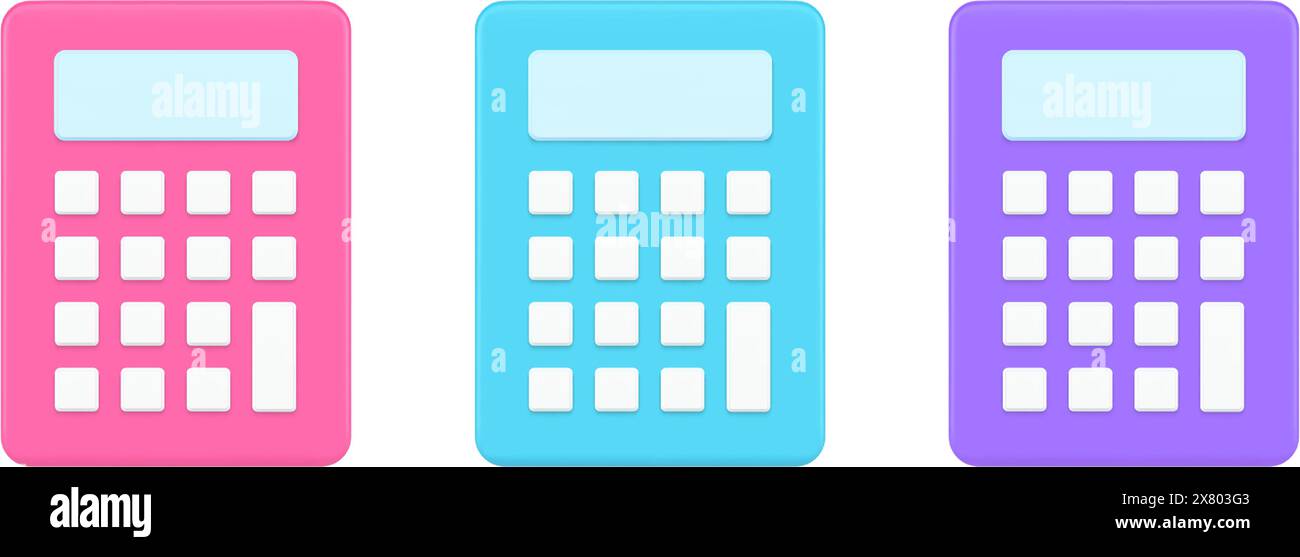 Multicolored set modern calculators with buttons and display for fast counting numbers 3d icon ...