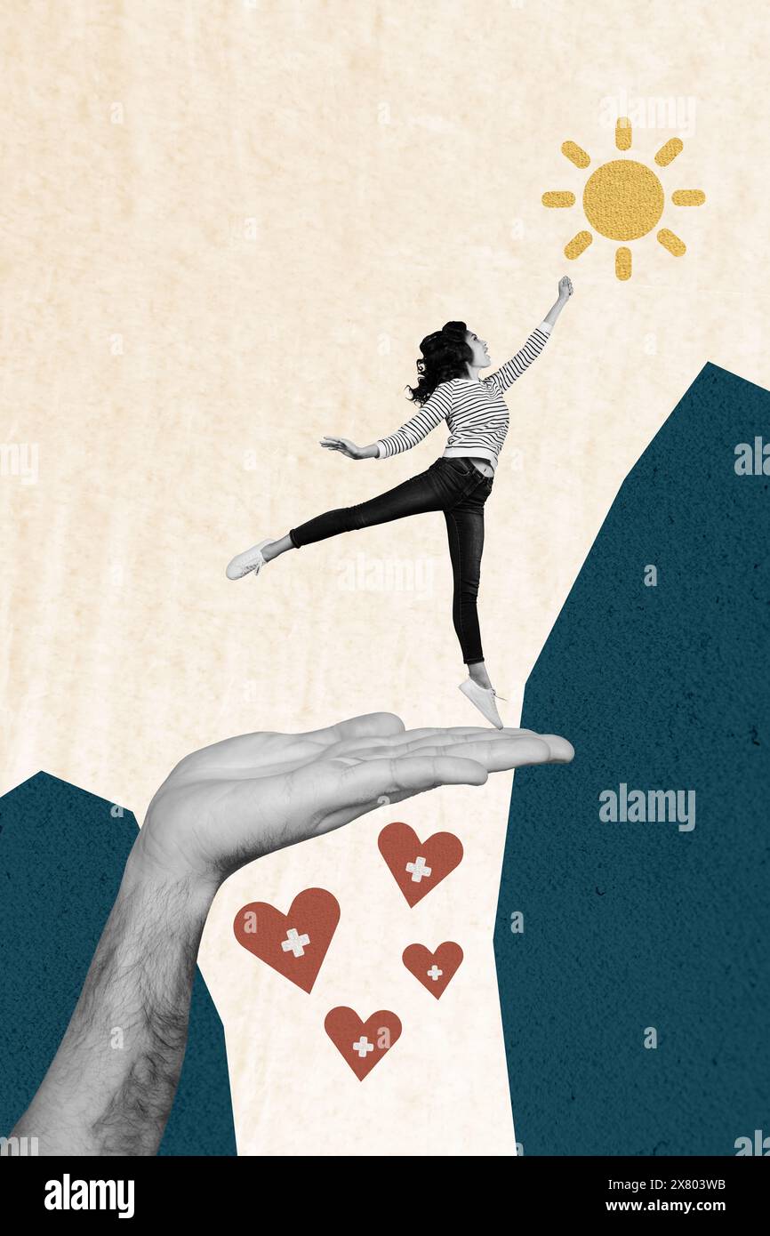 Composite collage of beige color background donation charity young lady ...