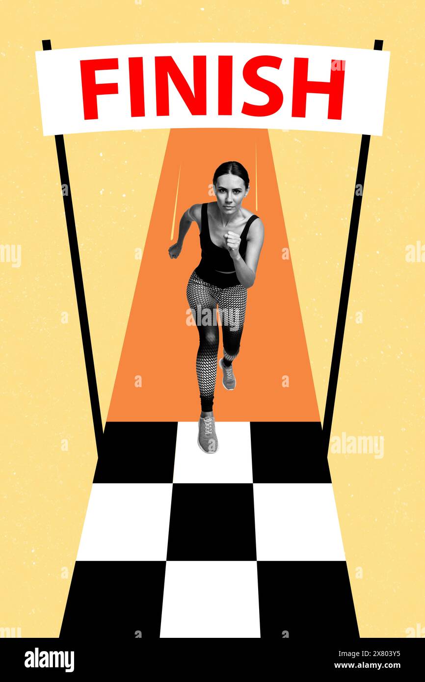 Vertical photo collage of young strong sportswoman running marathon ...