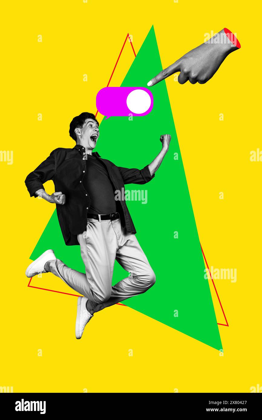 Trend artwork composite photo collage of young guy success jump fist up ...
