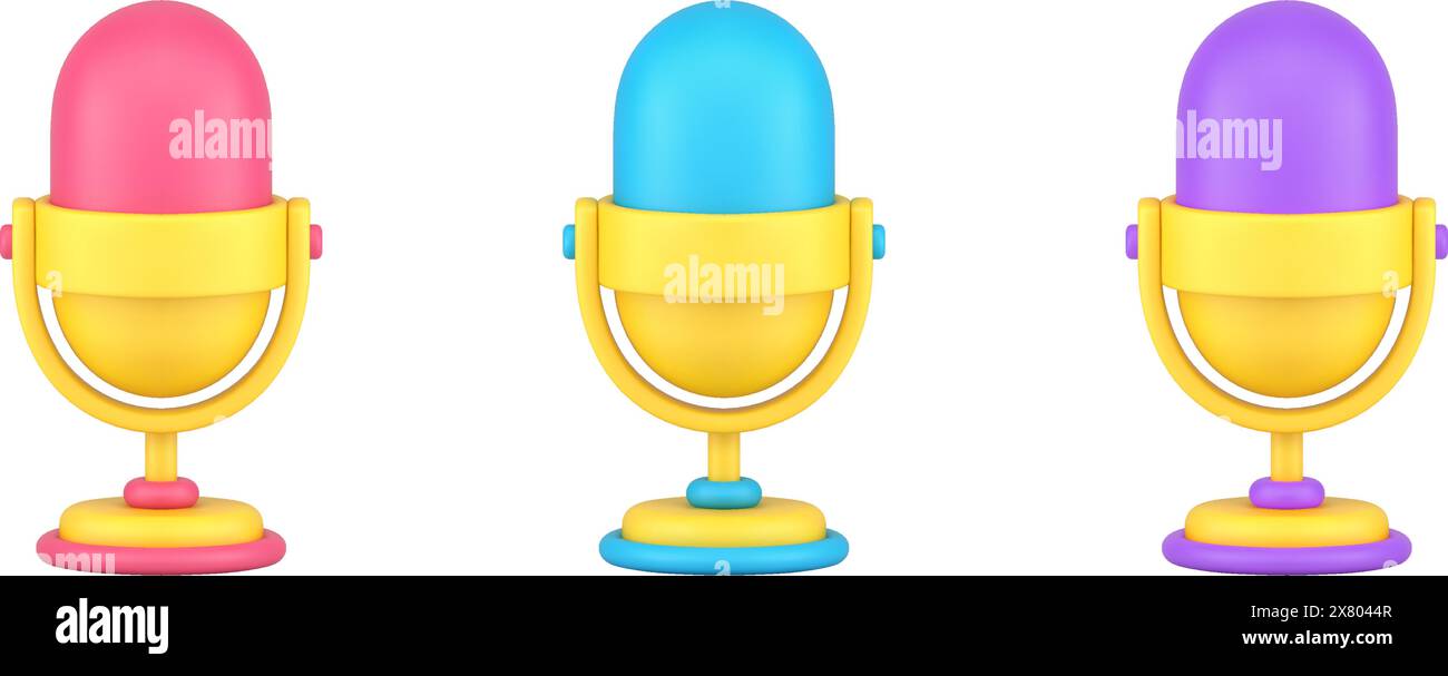 Collection retro studio microphones on rack for loud voice speaking ...